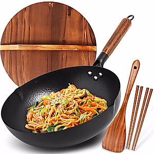 BrBrGo Carbon Steel Wok Pan, 5 Piece Authentic Chinese Wok & Stir-Fry Pans Set with Wooden Lid, No Chemical Coated Flat Bottom Chinese Woks Pan for All Stoves-13“