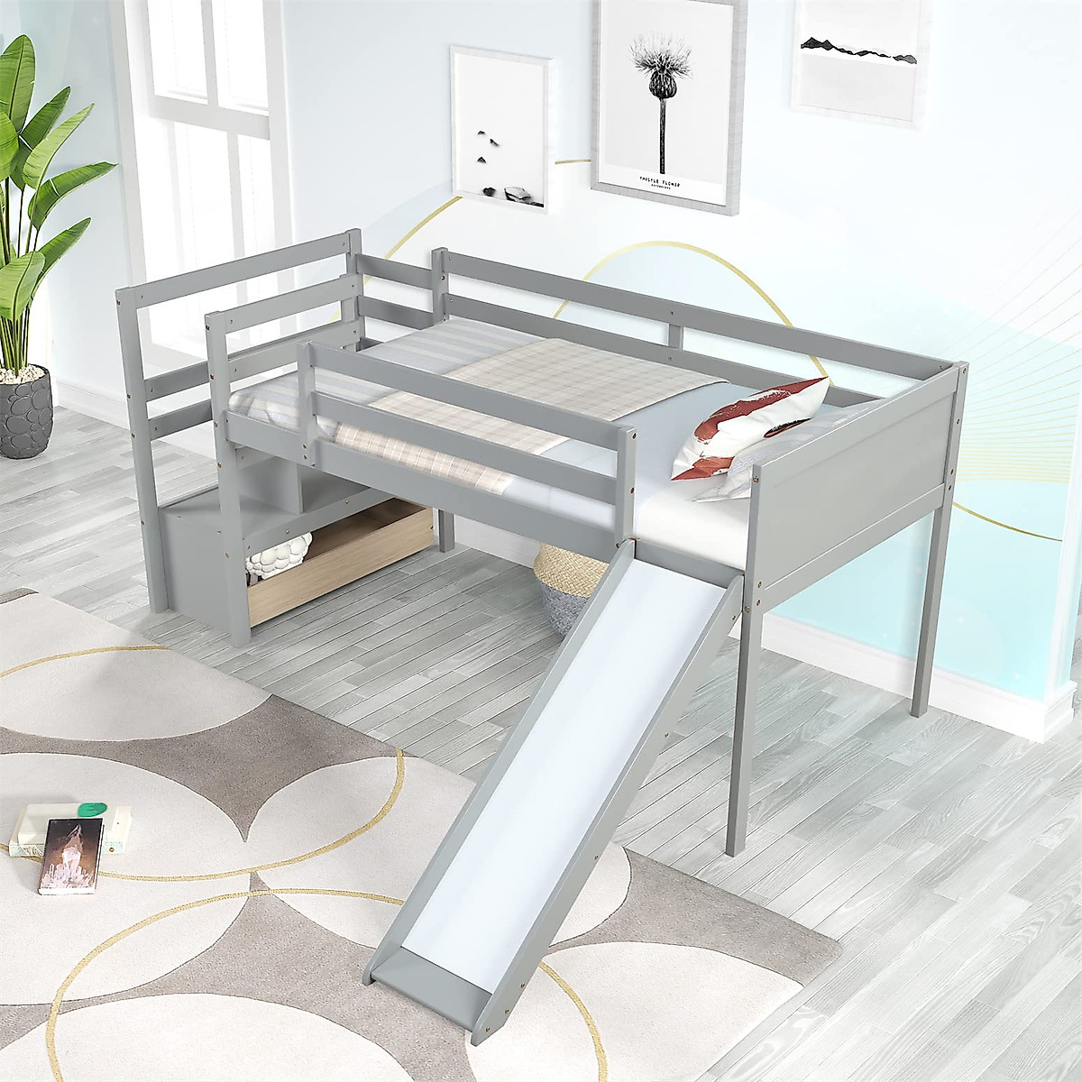 Low Loft Bed with Slide and Stairs Twin Loft Bed with Storage Wood Bed Frame for Kids Teens Girls Boys， Gray