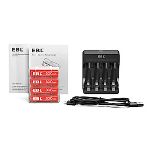 EBL 4 Pack 1.5V Rechargeable Lithium AA Batteries with USB Input Charger, 3000mWh Li-ion AA Batteries Long Lasting Double A Battery