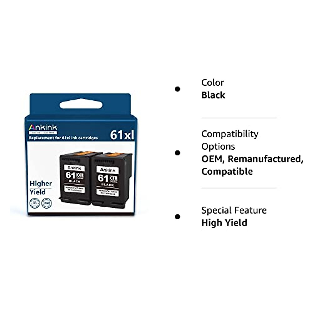 Ankink 61XL Black Ink Cartridge Combo Pack (2pcs) for Hp 61 Hp61 XL 61XL HP61XL Printer Ink Black for HP Envy 4500 5530 4502 5535 5534 officejet 4630 4635 Deskjet 1000 1010 1510 Series Printer Ink