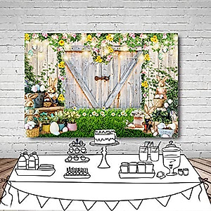 8x6ft Easter Spring Backdrop, Rustic Wooden Door Wall Bunny Rabbit Eggs Flower Greenery Photography Background Baby Shower Kids Birthday Party Decor Portrait Banner Photo Booth Studio Props