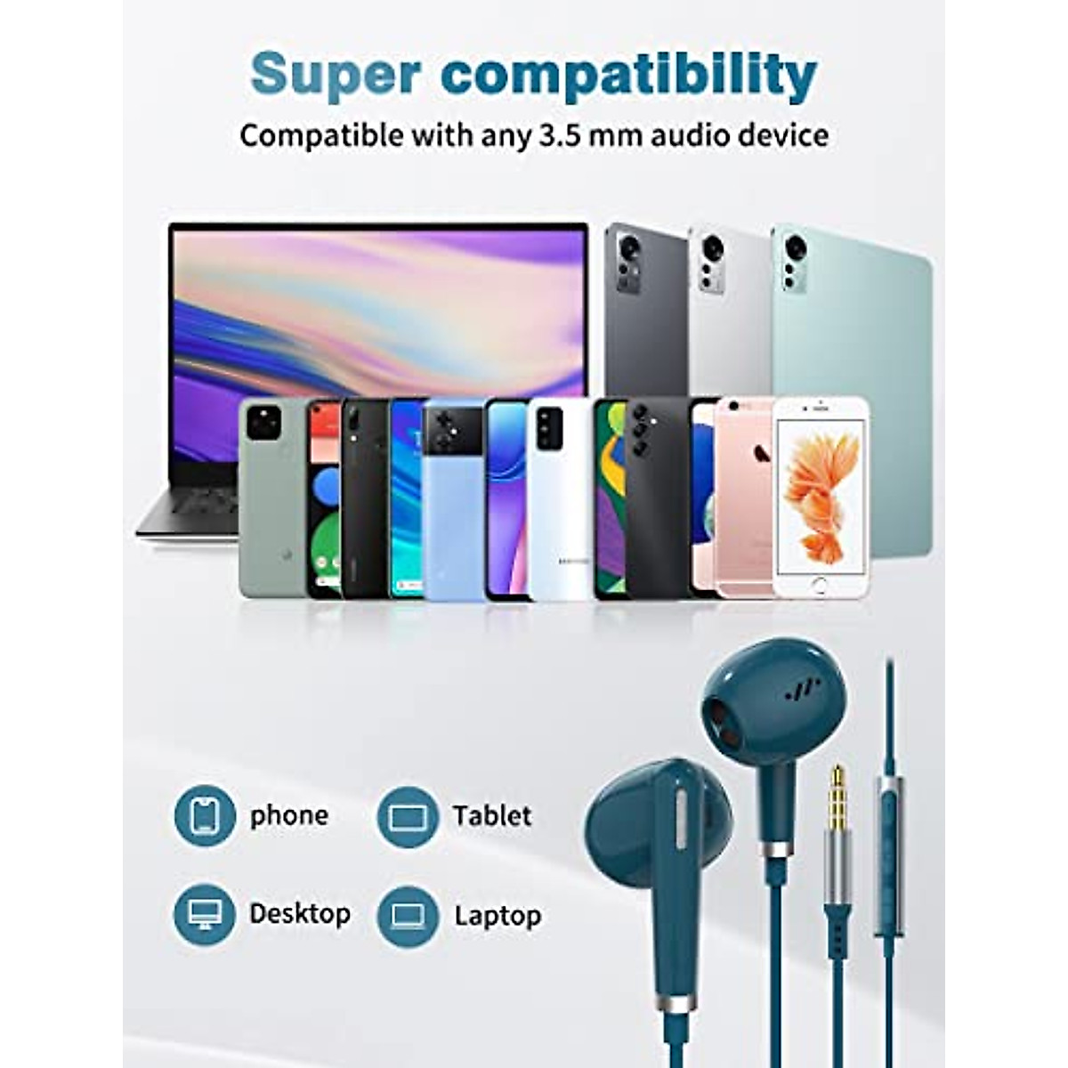 ACAGET 3.5mm Jack Headphones for iPhone 6S Plus 5S 5 SE, Wired Earbuds with Microphone Volume Control Noise Cancelling Earphones HiFi Stereo Headphone for Android Samsung Galaxy A14 A23 A03S A71 Blue