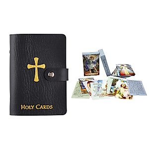 Black Faux Leather 20 Sleeve Forty Prayer Cards Holder and Set of 54 Holy Cards, Holy Card Organizer Holds 40 Laminated or Card Stock Memorial Saint Sacraments or Meditation Cards with Box of 54 Cards