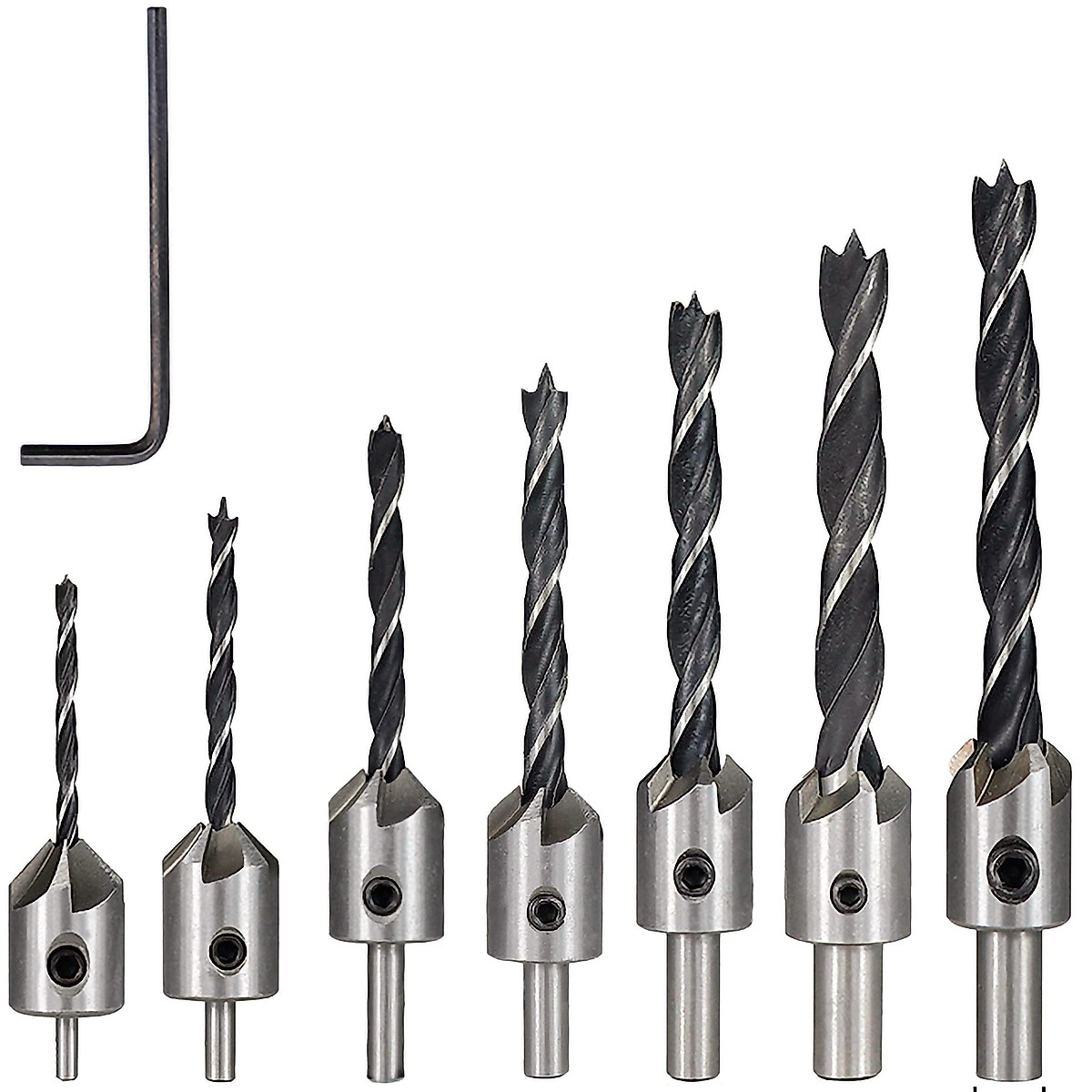 KEWAYO Countersink Drill Bits Set - 7Pcs High-Speed Steel Counter Sink Bits for Woodworking Carpentry, Includes 1 Free Hex Key Wrench