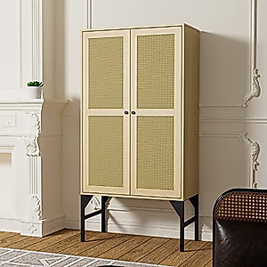 Cozy Castle 63" Rattan Storage Cabinet with Doors and Adjustable Shelves, Tall Accent Pantry Cabinet, Kitchen Cabinet for Dining Room, Living Room, Oak