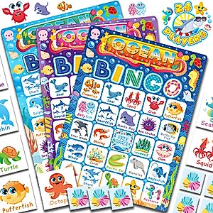 YTSQLER Ocean Bingo Game 24 Players Ocean Animals Bingo Game for Kids Bingo, Under The Sea Party Bingo Games for Family Classroom Activity Ocean Party Supplies