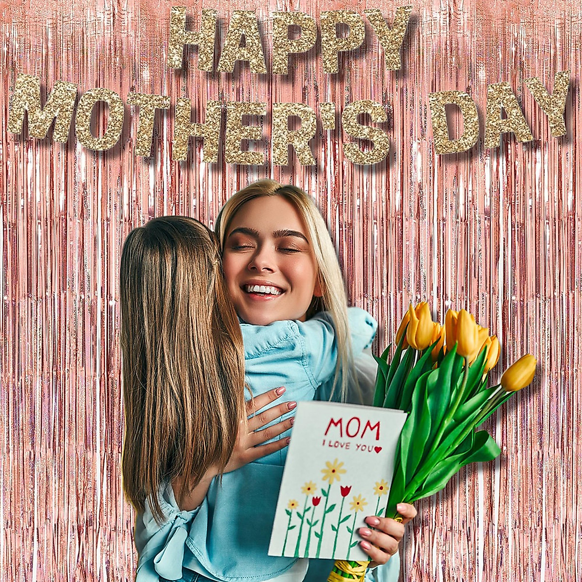 BRAVESHINE Rose-Gold Metallic Tinsel Backdrop - 2Pcs 3.2x8.2ft Metallic Tinsel Foil Fringe Curtains Photo Booth Streamers for Bridal Shower Bachelorette Engagement Mother's Day Party Decorations