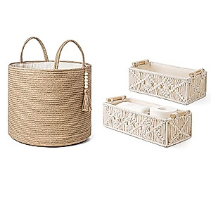 Mkono Jute Woven Storage Basket and 2Pcs Macrame Storage Baskets Boho Decor for Bedroom, Dorm, Living Room, Bathroom