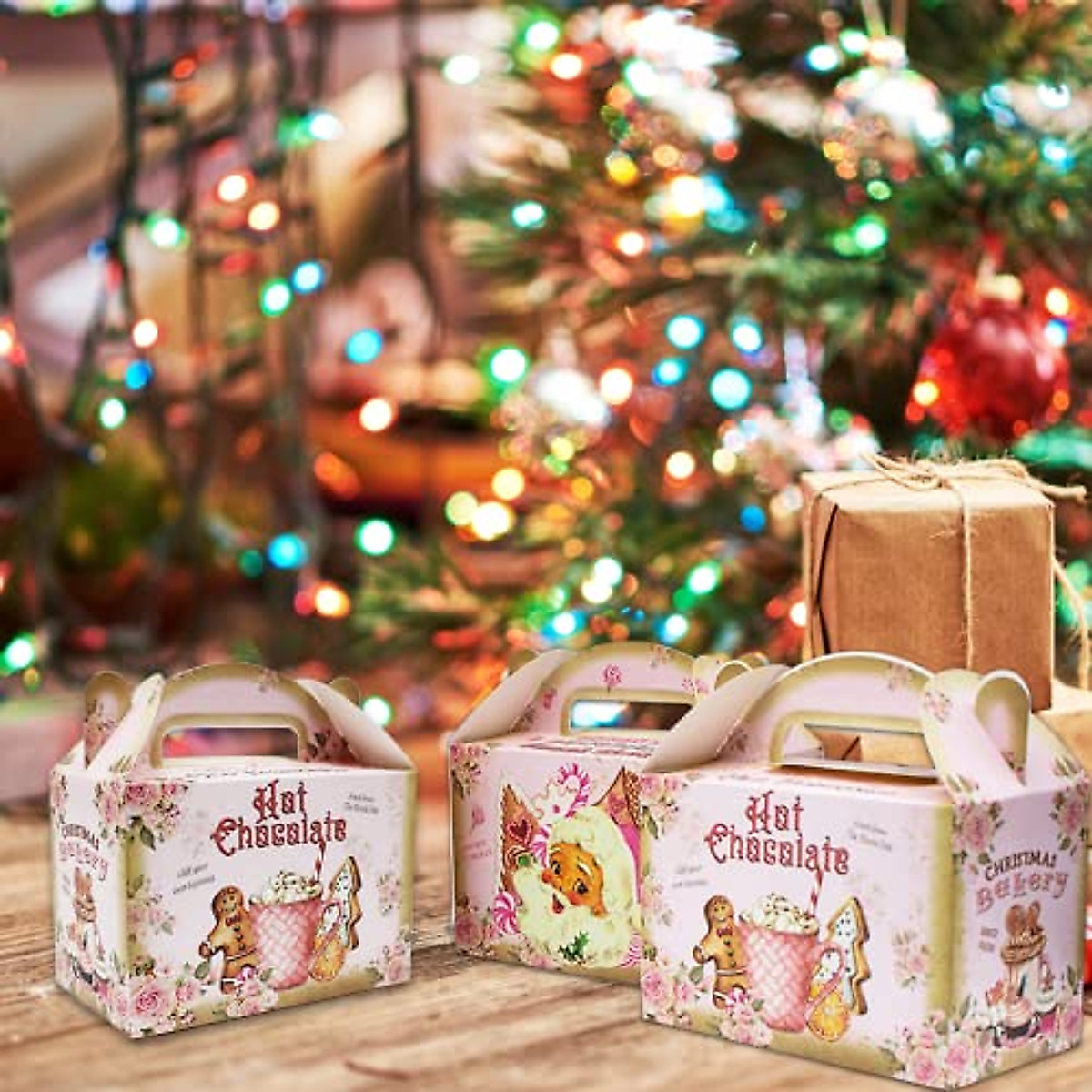 16Pcs Pink Christmas Decorations Christmas Treat Boxes Vintage Christmas Paper Gift Boxes Christmas Santa Boxes with Handle Present Candy Cookie Boxes for Xmas Holiday Party Favor Supplies