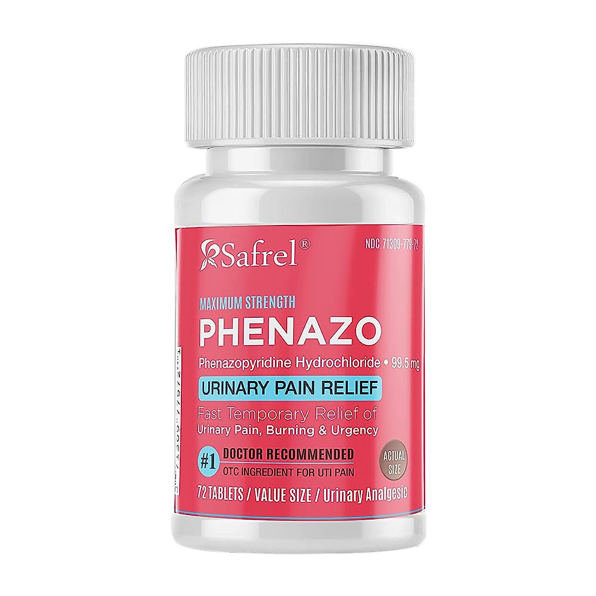 Safrel Urinary Relief - 72 Tablets, 99.5mg Phenazopyridine HCl - Fast-Acting UTI Relief for Bladder Discomfort & Pain - Adults & Children-1-Pack