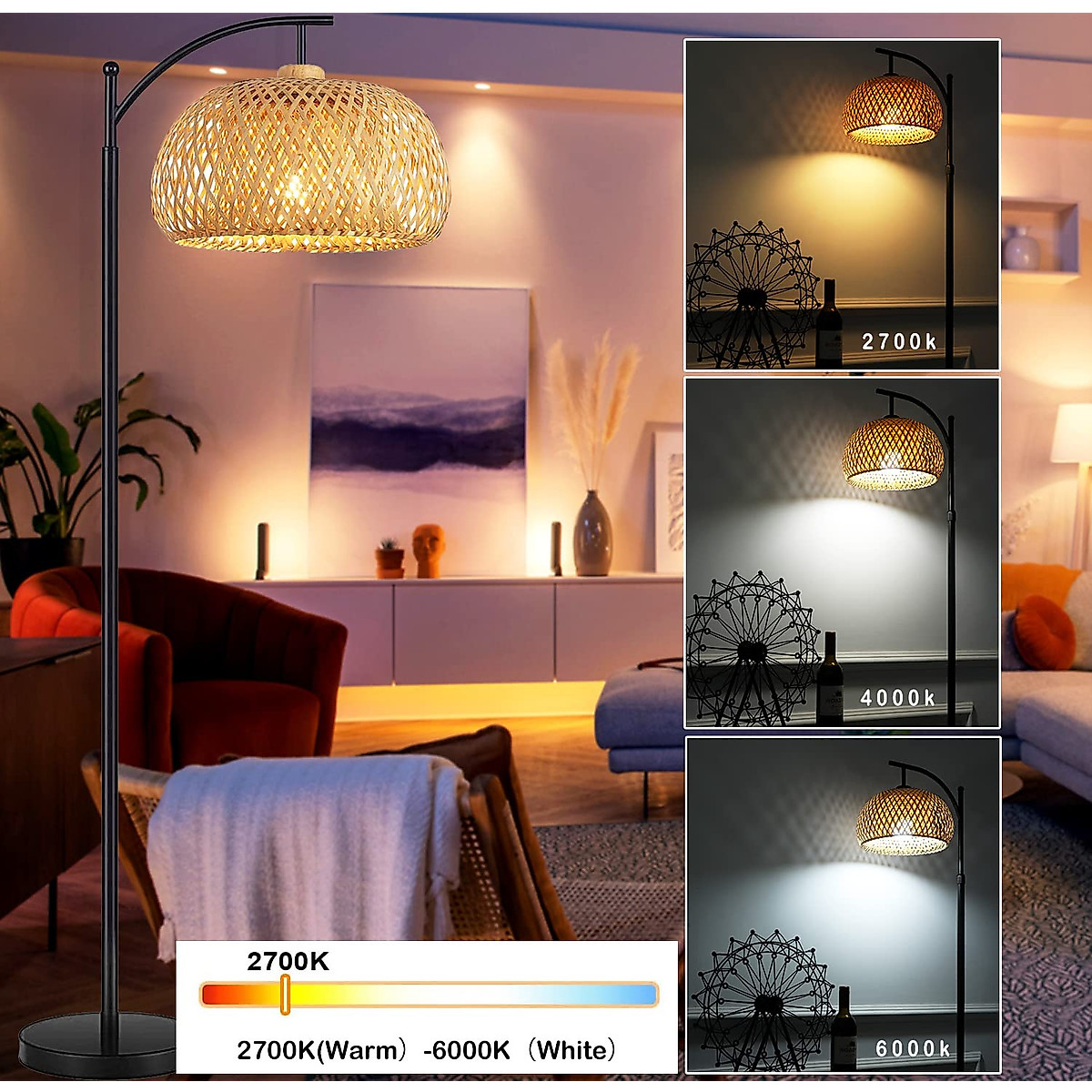 Bamboo Floor Lamp Rattan for Living Room,Bedroom,Farmhouse,Boho Standing Lamp with Control and Dimmable Bulb,Hand-Worked Woven Lamp Shades,Black Industrial Floor Light Adjustable Corner Tall Lamp