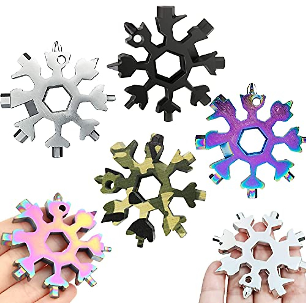 18-in-1 Snowflake Multi-Tool Stainless Steel Wrench Pocket Snowflake Tool Screwdriver Kit Bottle Opener with Carabiner for Outdoor Travel Camping Adventure Gifts for Men(4 Pcack 4 Colorful)