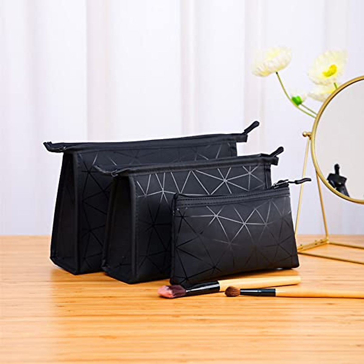 RNONDRY 3Pcs Makeup Bag Set for Women Travel Cosmetic Organizer Bag Large Zipper Pouch Toiletry Bag for Girls (3Size, Black)