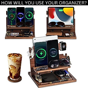 Solid Wood Phone Docking Station for up to 3 Phones - Nightstand Organizer for Men & Women Holds Multiple Phones, Tablets, Apple Watch & More - Neatly Stores Keys, Rings, Glasses & EDC, Brown
