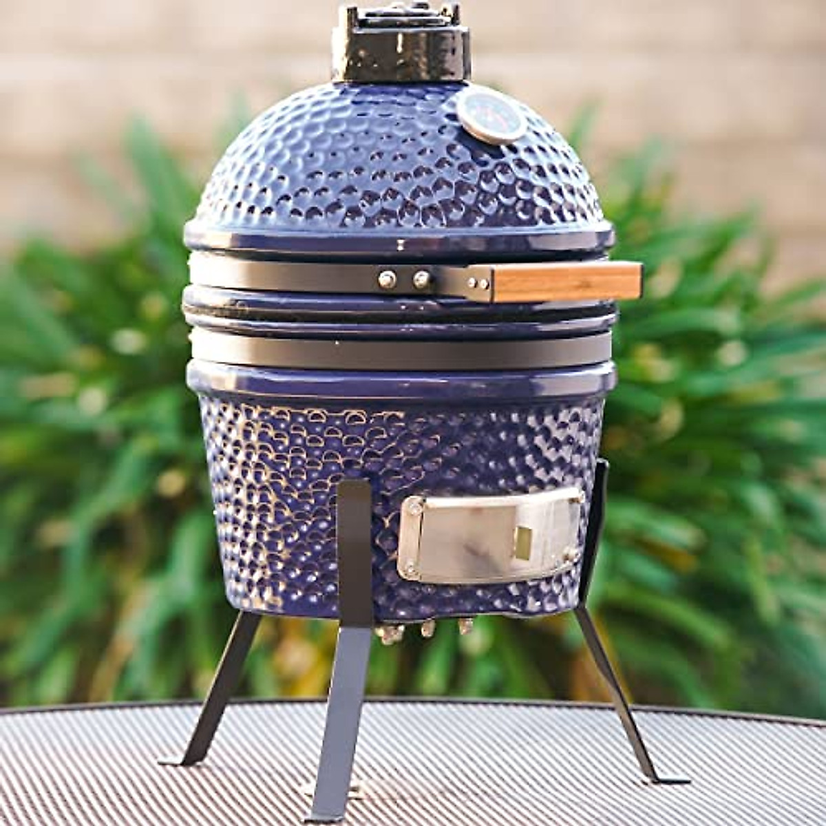 VESSILS Kamado Charcoal BBQ Grill – Heavy Duty Ceramic Barbecue Smoker and Roaster with Built-in Thermometer and Stainless Steel Grate (13 Inch Stand, Blue)