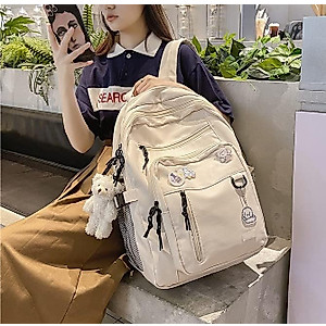 Sumleno Cute Aesthetic Backpack, Waterproof Nylon Preppy Backpack with Kawaii Pins and Plush Accessories Laptop Backpack (White,One Size)
