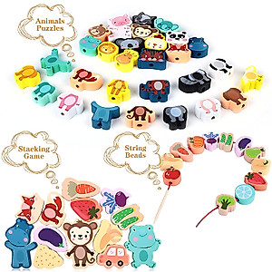 57 PCS Lacing Beads Wooden Primary String Threading Beads Animals Fruits Lacing Toy Preschool Fine Motor Skills Montessori Educational Toy for 3 4 5 6 7 8 Years Old Kids Boys Girls