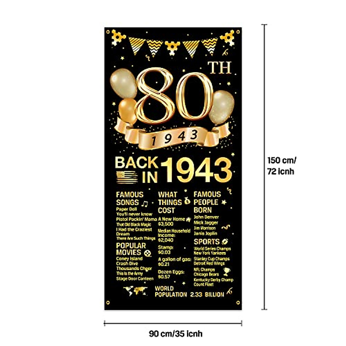 80th Birthday Door Cover Banner Decorations, Black Gold Happy 80th Birthday Door Cover Party Supplies, Large Eighty Year Old Birthday Poster Backdrop Sign Decor