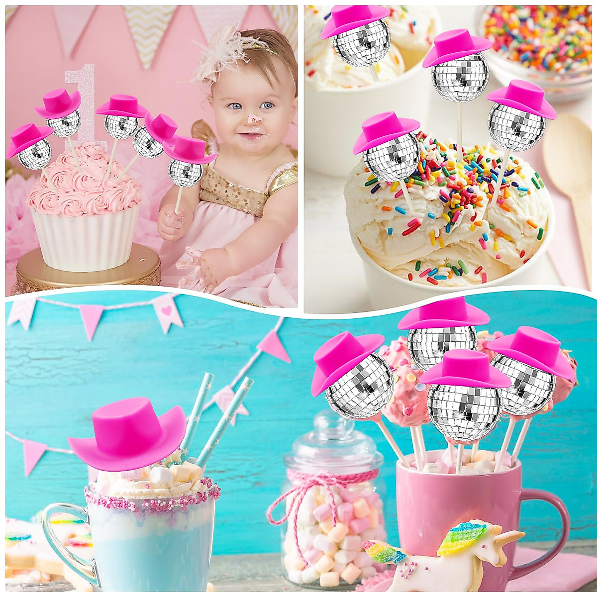 Newmemo Disco Ball Cake Toppers Cowgirl Hat 40PCS Disco Ball Cupcake Toppers Disco Ball Cake Pick Mini Western Cowgirl Hat Cake Decorations for Disco 1970s Theme Bachelorette Birthday Party Supplies
