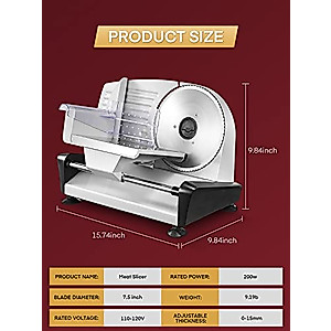 FOHERE 200W Meat Slicer for Home Use, Electric Food Slicer with Two 7.5" Sharp Stainless Steel Blade(Serrated + Smooth) & 0-15mm Precise Thickness Cut Deli Food, Meat, Bread, Fruit, Vegetable, Silver