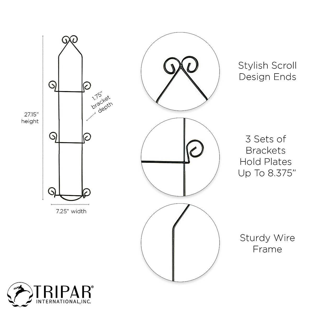 Tripar 3 Tier Vertical Black Plate Rack for Collectible Plates, Plaques, Dishes, & China