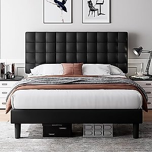 iPormis Full Size Platform Bed Frame, Faux Leather Upholstered Bed Frame with Square Tufted Headboard, Wood Slats Support, No Box Spring Needed, Easy Assembly, Black