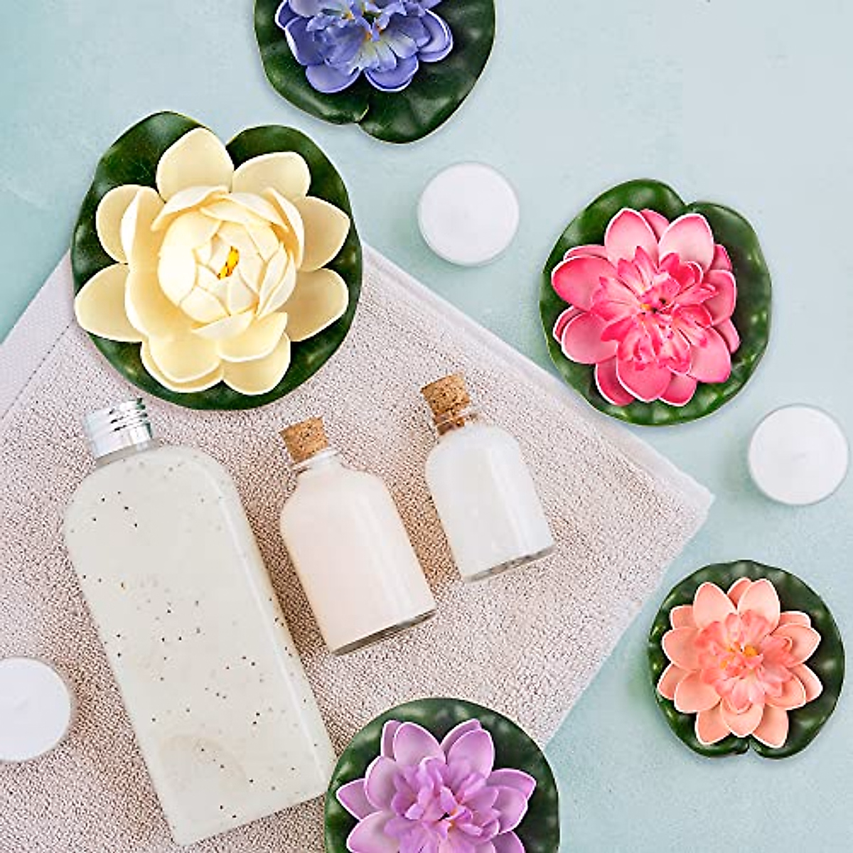 RONRONS 9 Pack Artificial Floating Foam Lotus Flowers with Water Lily Pad Ornaments, Ivory White