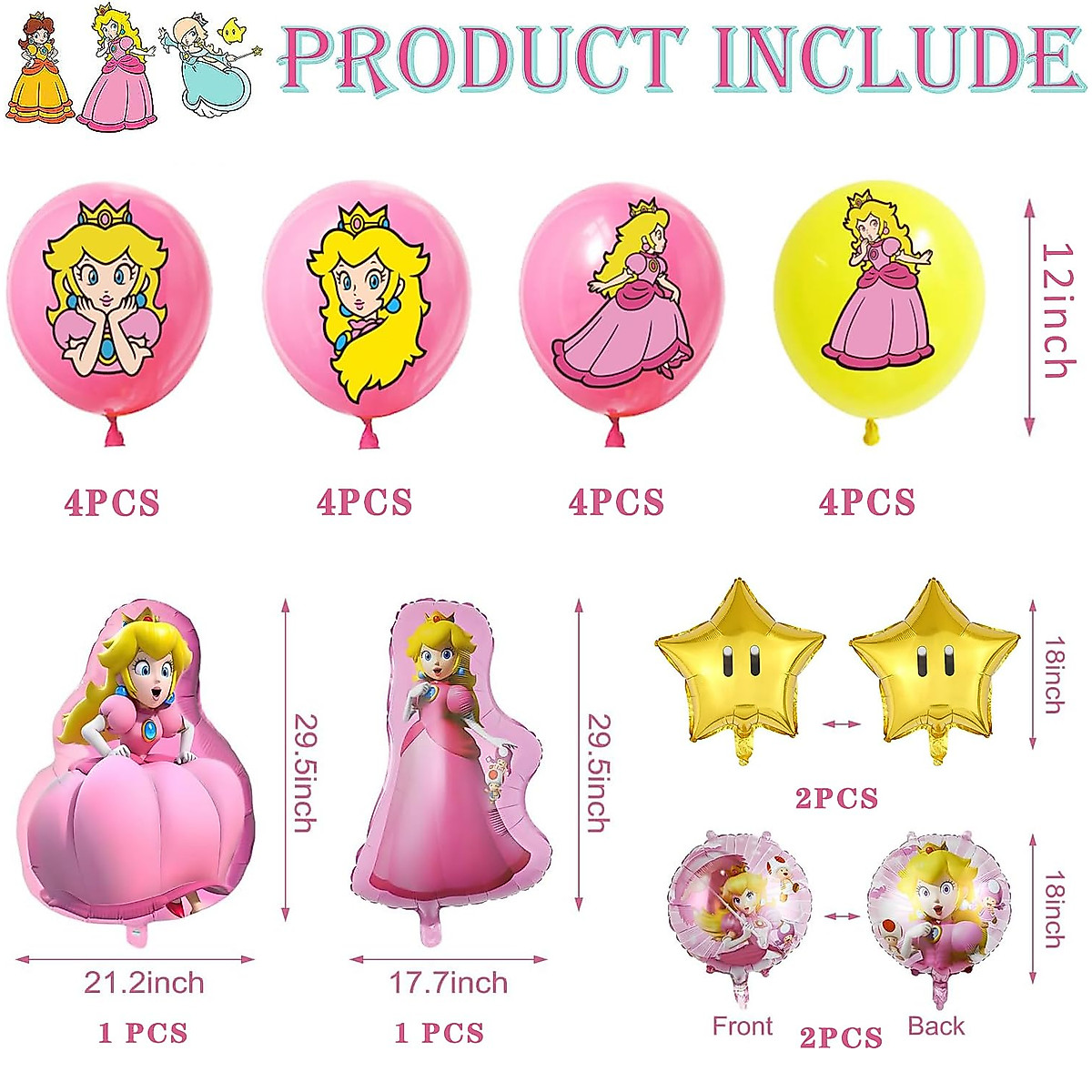 22pcs Princess Peach Birthday Party Decorations, Princess Peach Foil Balloons Latex Balloon for Mario Theme Party Decorations