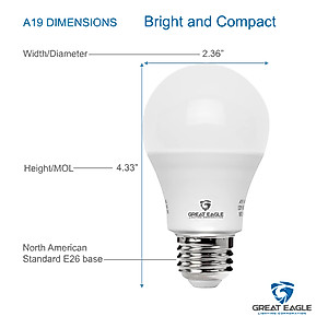 Great Eagle A19 LED Light Bulbs 60 Watt Equivalent- UL Listed - 4000K LED Light Bulb - Non dimmable Cool White Light Bulbs (6 Pack)