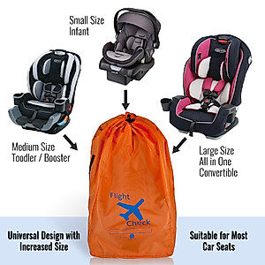 Car Seat Travel Bag and Carrier for Gate Check with Travel Pouch - Bright Orange with Blue Letters for Airport, Airplane Gate Check, Car Trips and Storage Double Backpack Straps | Carseat Bag for sto