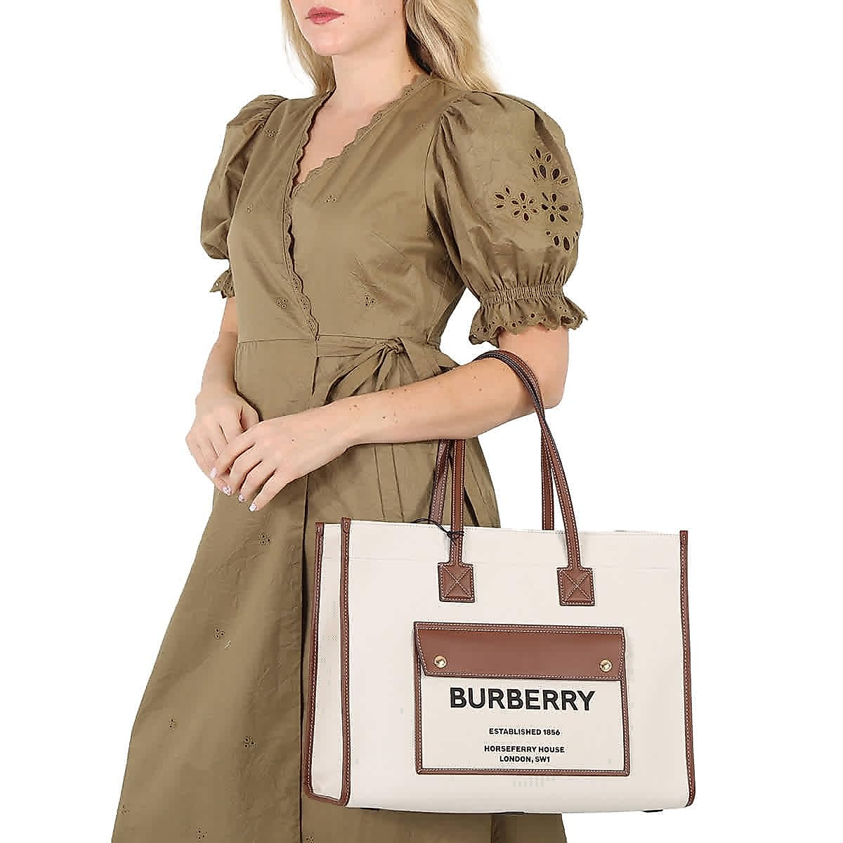 BURBERRY Freya Medium Two-tone Canvas And Leather Tote In Natural/Tan