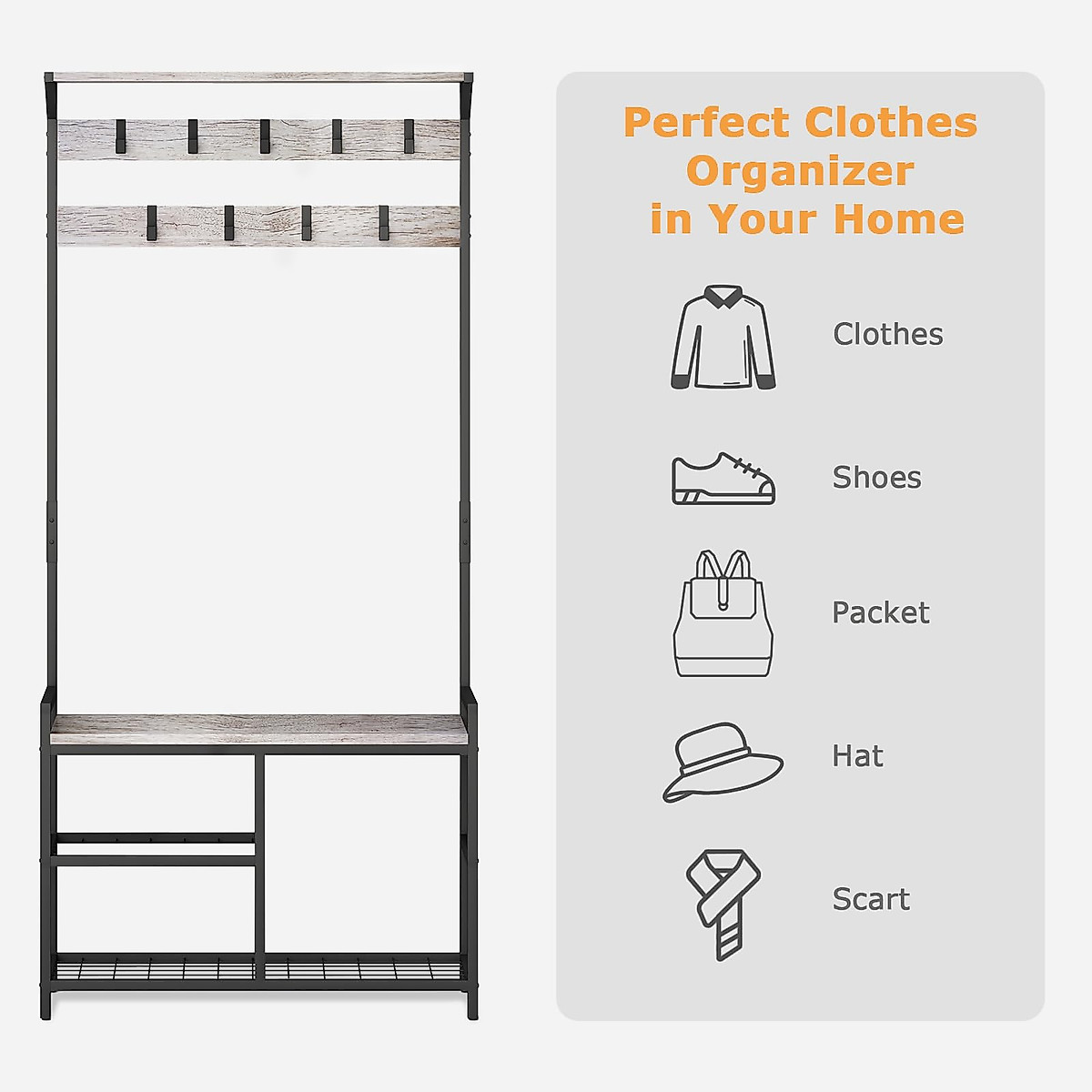 HOMEKOKO Coat Rack Shoe Bench, Hall Tree Entryway Storage Bench, Wood Look Accent Furniture with Metal Frame, 3-in-1 Design (Black & Greige)