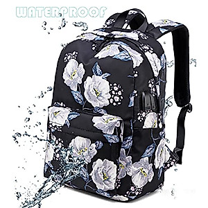 Lmeison Black Floral Backpack with Lunch Box, Cute School Bag for Teen Girls Waterproof, Flower Laptop Backpack for Middle School High School College, Kids Bookbag Set Women Casual Daypack for Travel