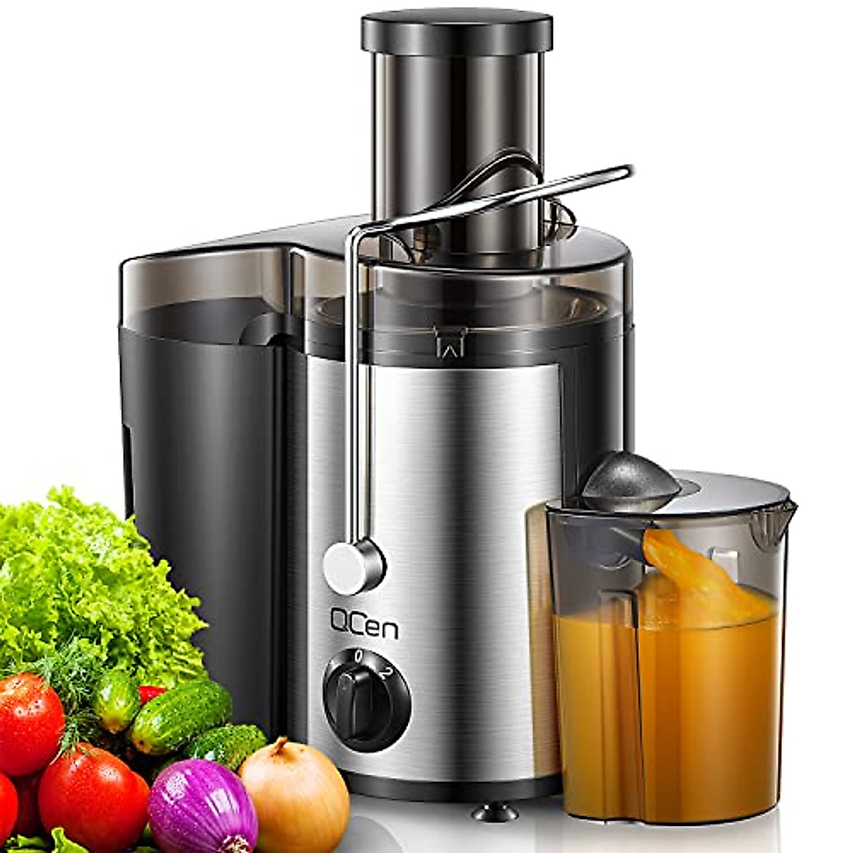 Juicer Machine, 500W Centrifugal Juicer Extractor with Wide Mouth 3” Feed Chute for Fruit Vegetable, Easy to Clean, Stainless Steel, BPA-free, by QCen (Black)