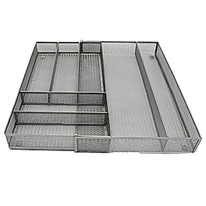 Expandable Mesh Metal Cutlery Tray, 6 Compartments Kitchen Drawer Organizer for Utensil Flatware Dividers Cutlery (Silver, 6 Compartments)
