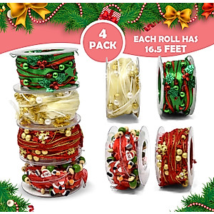 Gift Boutique 4 Xmas Beads Ribbon Rolls Xmas Tree Trim Rope 16.5 Feet Pearl String Bead Ribbon 66 Feet Total for Garland Bow Wreath Gift Wrapping & Packaging Crafts Ornament Wedding Party Craft Décor