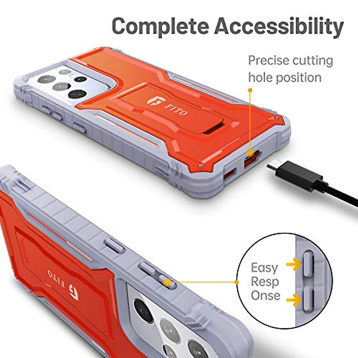 FITO for Samsung Galaxy S21 Ultra 5G Case, Dual Layer Shockproof Heavy Duty Case for Samsung S21 Ultra 5G Phone Built-in Kickstand, Without Screen Protector (Orange, 6.8 inch)