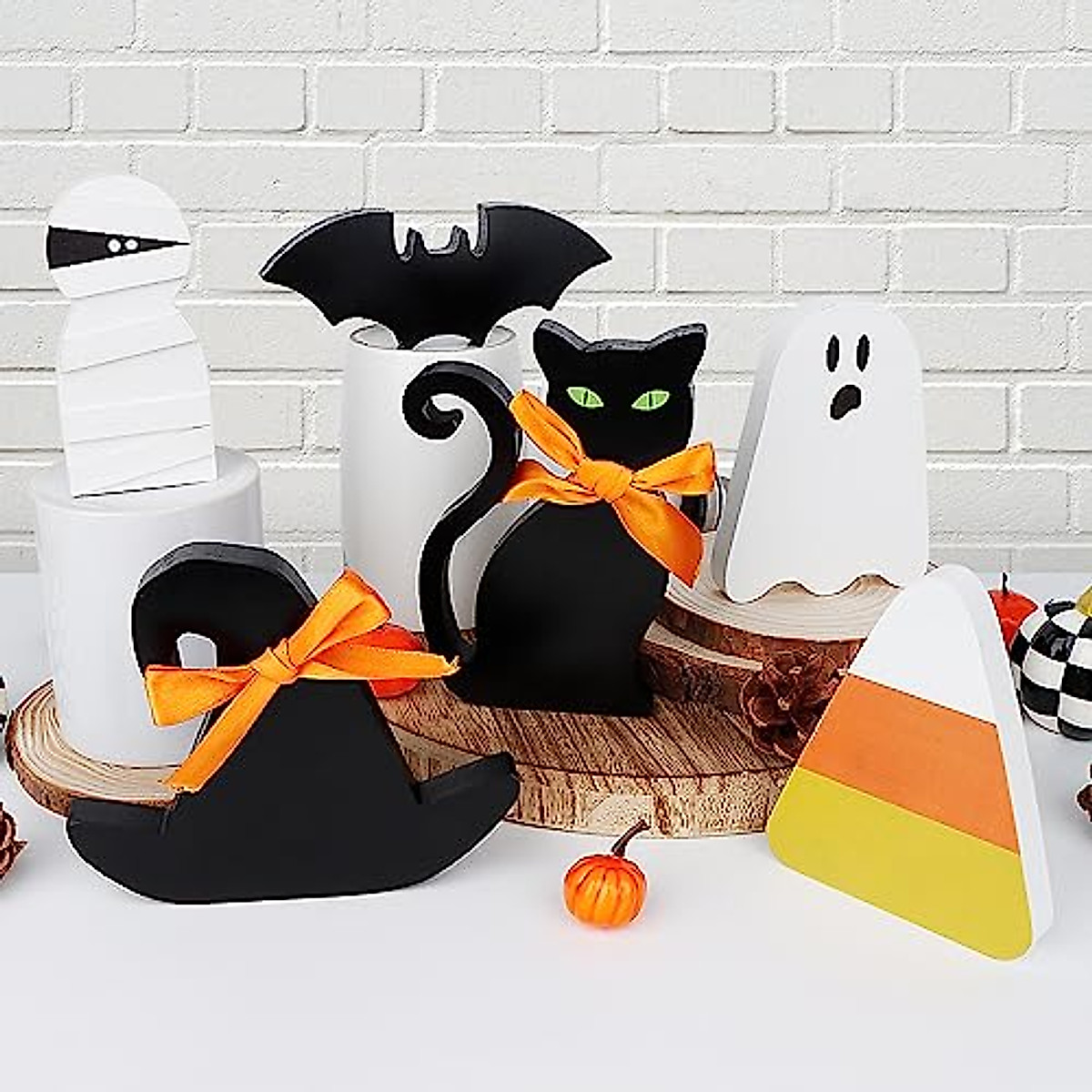 Halloween Table Decor, 6 PCS Halloween Decorations for Home, Free Standing Wooden Signs with Witch's Hat, Black Cat, Mummy, Ghost, Bat, Candy Corn for Tiered Tray, Desk and Mantle