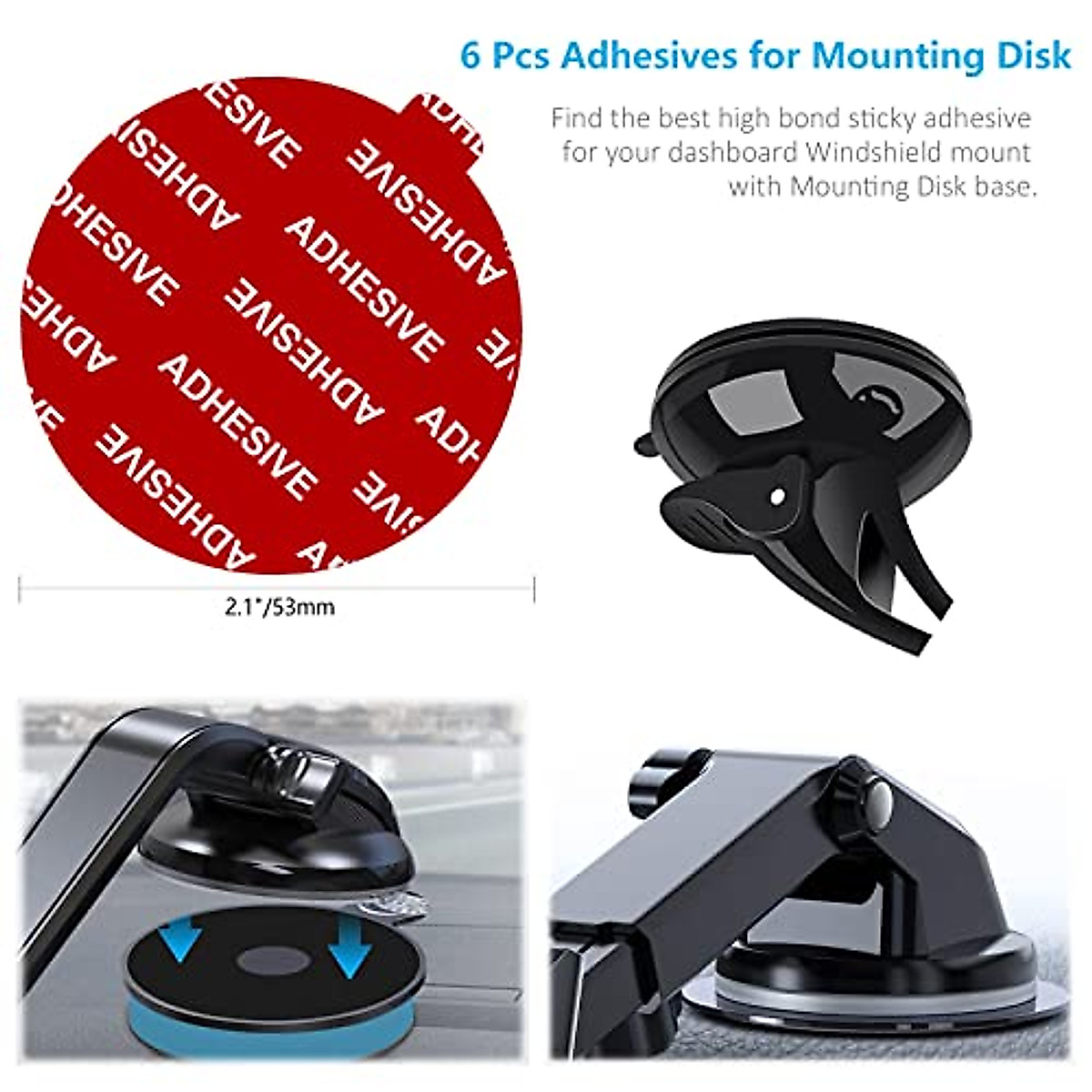 Dashboard Pad Mounting Disk Sticky Adhesive Replacement Kit, PKYAA 6pcs 2.1"(53mm) Circle Heat Resistant Double-Sided Stickers for Suction Cup Car Phone Holder Disc & Windshield Dash Cam