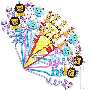 zhenzhe 24 Jungle Party Favors Reusable Straws, Jungle Animal Plastic Straws, Animal Theme Drinking Straws for Kids Jungle Birthday