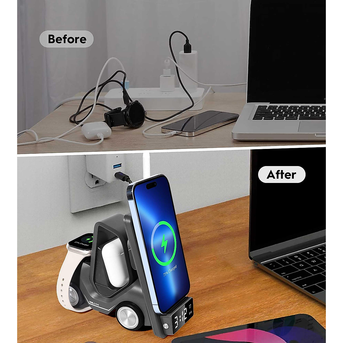 QFUP Forklift Wireless Charger Station for iPhone Charger for Apple Watch Charger for Airpods Charger, 6 in 1 Wireless Charging Station for Multiple Devices Apple Fast Wireless Desktop-Grey