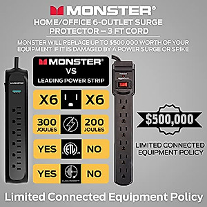 Monster 3ft Black Power Strip and Tower Surge Protector, Heavy Duty Protection, 300 Joule Rating and 6 120V-Outlets - Ideal for Computers, Home Theatre, Home Appliances, and Office Equipment