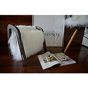 MILABERT Exclusive Oak Wood Magazine Rack with Genuine White Rare Mongolian/Tibetan Sheepskin Rug - Curly Soft Wool - Design Furniture (MR1)