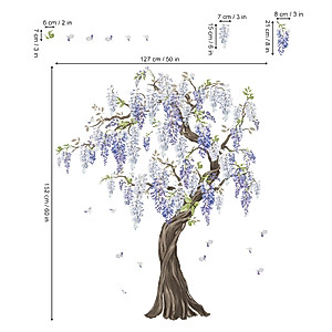 wondever Purple Flower Tree Wall Stickers Large Tree Hanging Wisteria Floral Peel and Stick Wall Art Decals for Bedroom Living Room Sofa TV Background