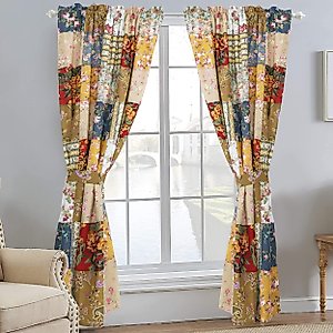 Country Garden Fall Flowers Paisley Brooch Multi-color Red Blue Beige Quilt Bedding Set and Accessories, Window Treatments Light Filtering Rod Pocket, 84" Drapes (2-Piece) with Tie Backs