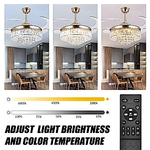 Panghuhu88 36" Invisible Ceiling Fan Chandelier Light,Modern Crystal Ceiling Fan Light Remote Control 4 Retractable ABS Blades for Bedroom Living Room Dining Room Decoration (Gold)