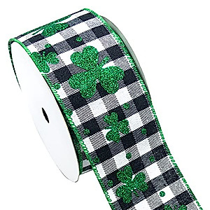 St Patrick's Day Ribbons 2.5" 10 Yards, Black White Plaid Wired Edge Burlap Ribbon Green Glitter Shamrock Wrapping Ribbon for St Patrick's Day Birthday Party Wrapping DIY Craft Decoration Wreaths Bow