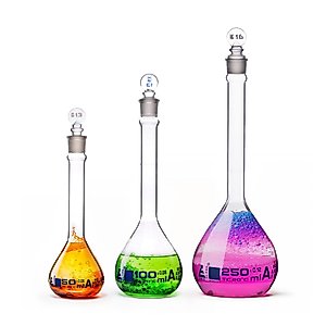 EISCO Premium Volumetric Flask Set - 50ml, 100ml & 250ml - Class A, ASTM E288 - Superior Durability & Chemical Resistance - Glass Penny Stoppers - Borosilicate 3.3 Glass