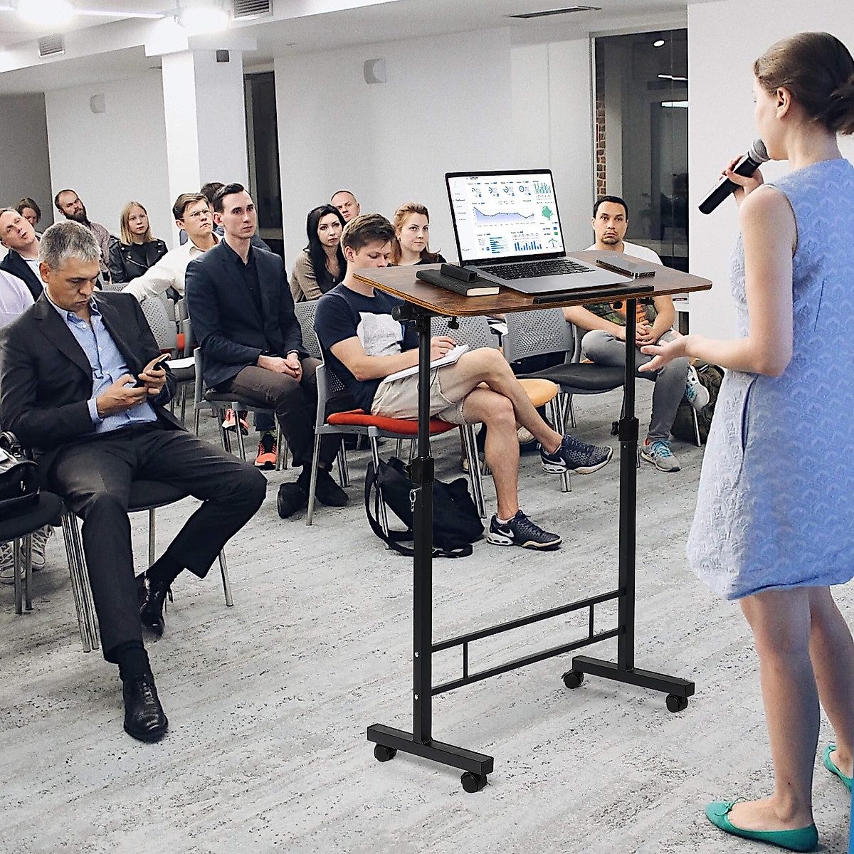 Small Standing Desk Adjustable Height,Rolling Computer Desk,Mobile Standing Desk with Wheels,Portable Stand Up Desk,Tall Computer Table,Adjustable Desktop Sit Stand Desk,Size 31.5x15.7 Inch Brownish C