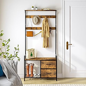 aboxoo Hall Tree with Storage Bench, Coat Rack, 2-Tier Shelves, Fabric Storage Basket, 10 Hooks, Industrial 5 in 1 Large Organizer, Wood Look Accent Furniture-Sturdy Metal Frame (Rustic Brown)